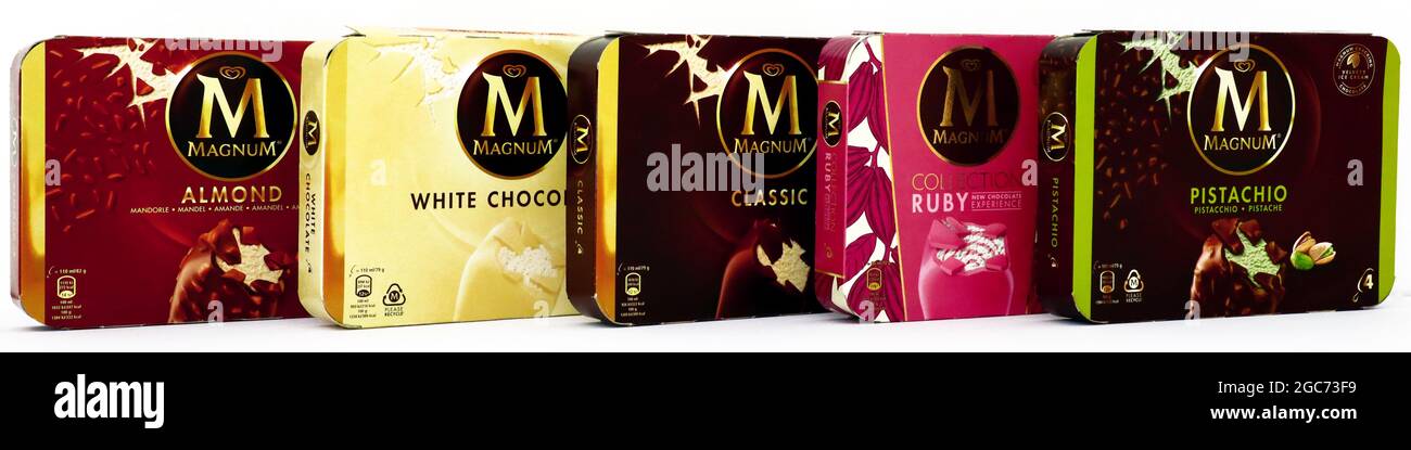 Boxes of MAGNUM Ice Cream with different flavors. MAGNUM is a brand of ...