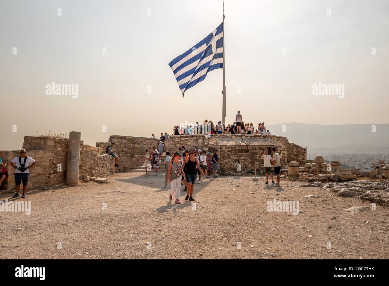 Athens, August 4th 2021: The Greek national flag flying over the ...