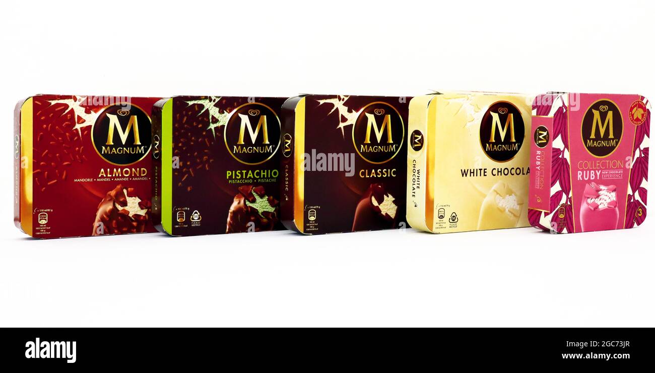 Boxes of MAGNUM Ice Cream with different flavors. MAGNUM is a brand of ...