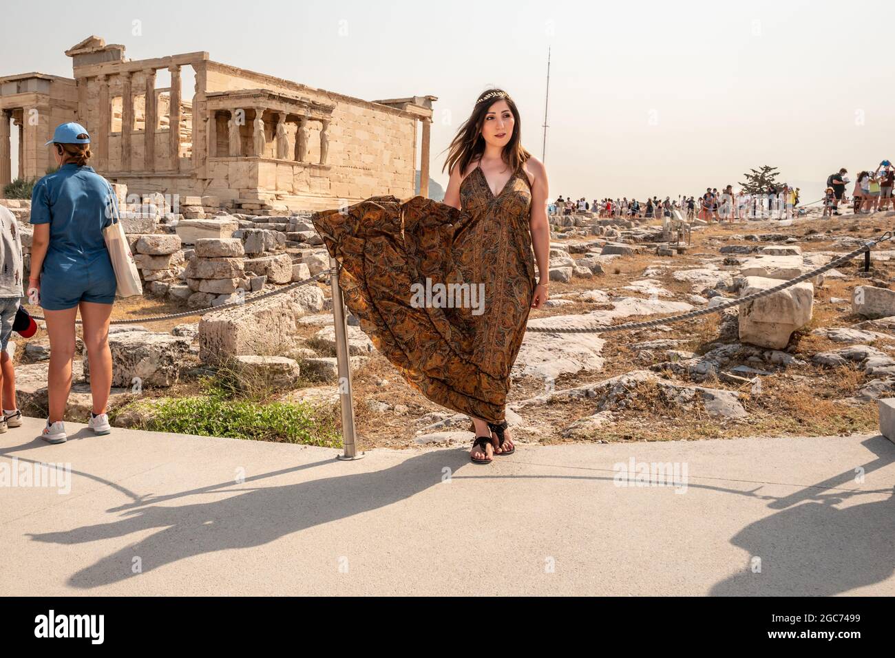 Athens, August 4th 2021: A girl posing for pictures at the Parthenon in ...