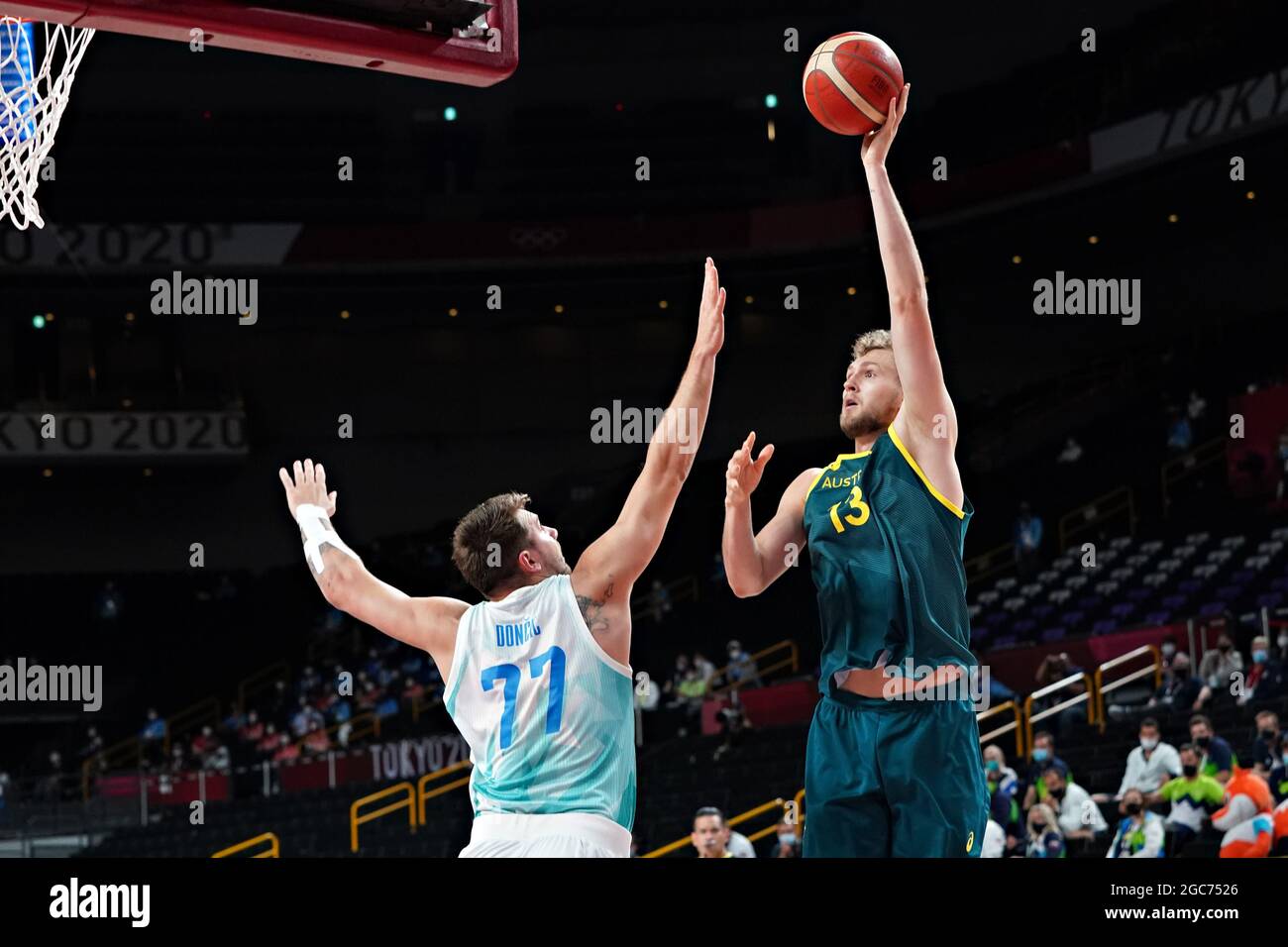 Tokyo, Japan. 07th Aug, 2021. Australia Jock Landale (13), takes a shot ...