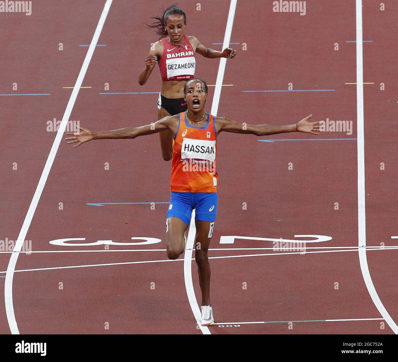 Tokyo, Japan. 07th Aug, 2021. Sifan Hassan of the Netherlands reacts after winning the Women's ...