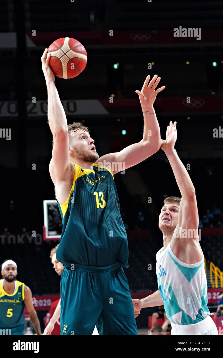 Tokyo, Japan. 07th Aug, 2021. Australia Jock Landale (13), takes a shot ...