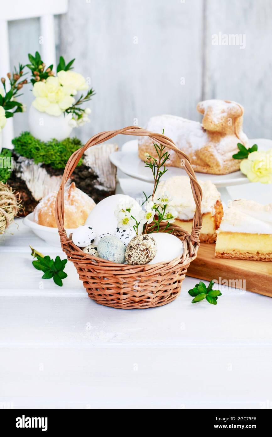 Traditional Easter basket with eggs. Festive decor Stock Photo - Alamy