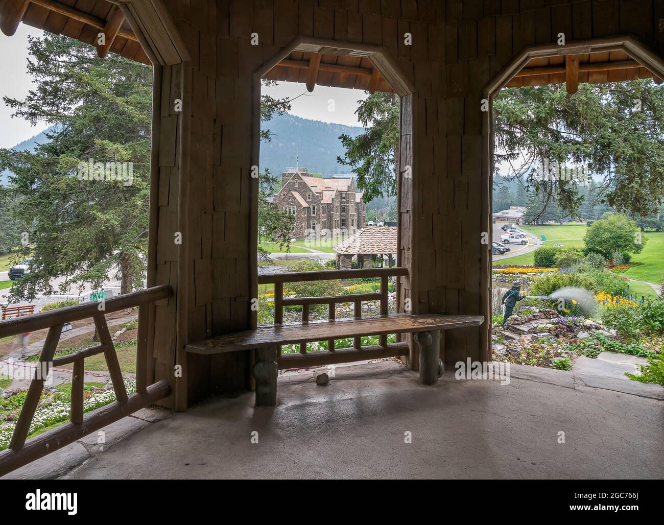 View of the town of Banff, Canada from a gazebo in Cascade Gardens ...