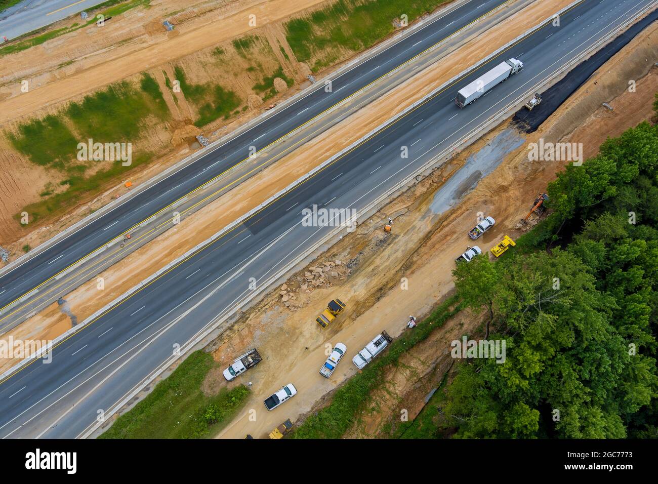 Aerial view of the road under construction, 85 highway reconstruction ...