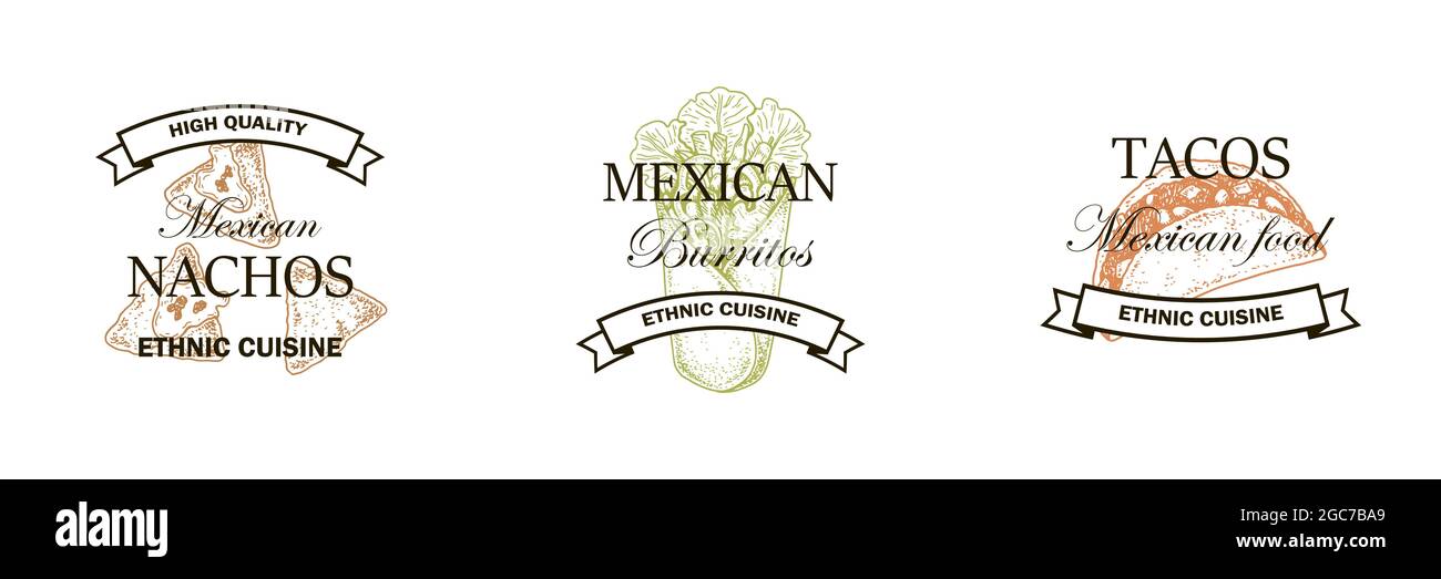 Set of hand drawn Mexican food logos isolated on white background ...