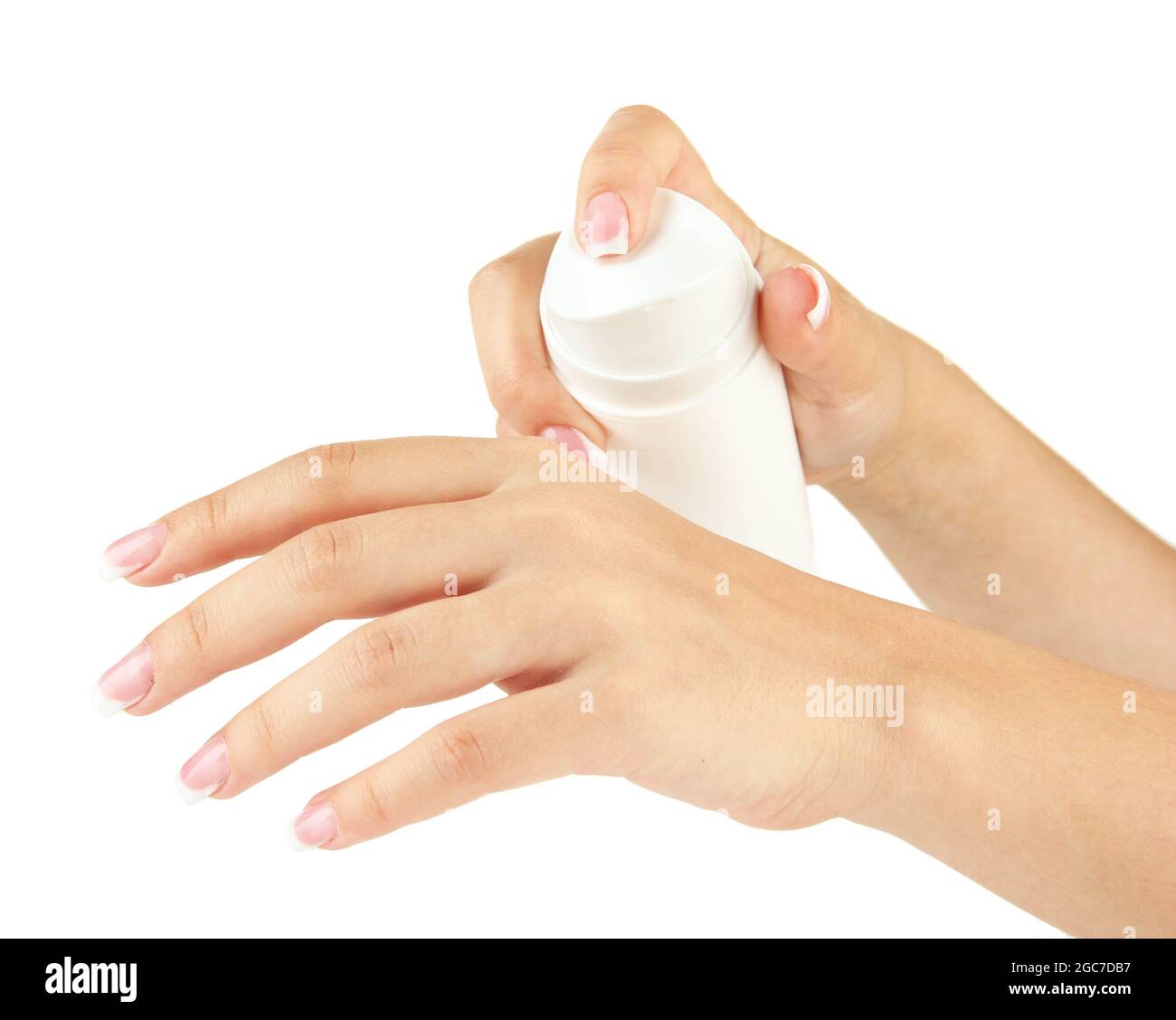 Woman applying cream on hands, isolated on white Stock Photo - Alamy