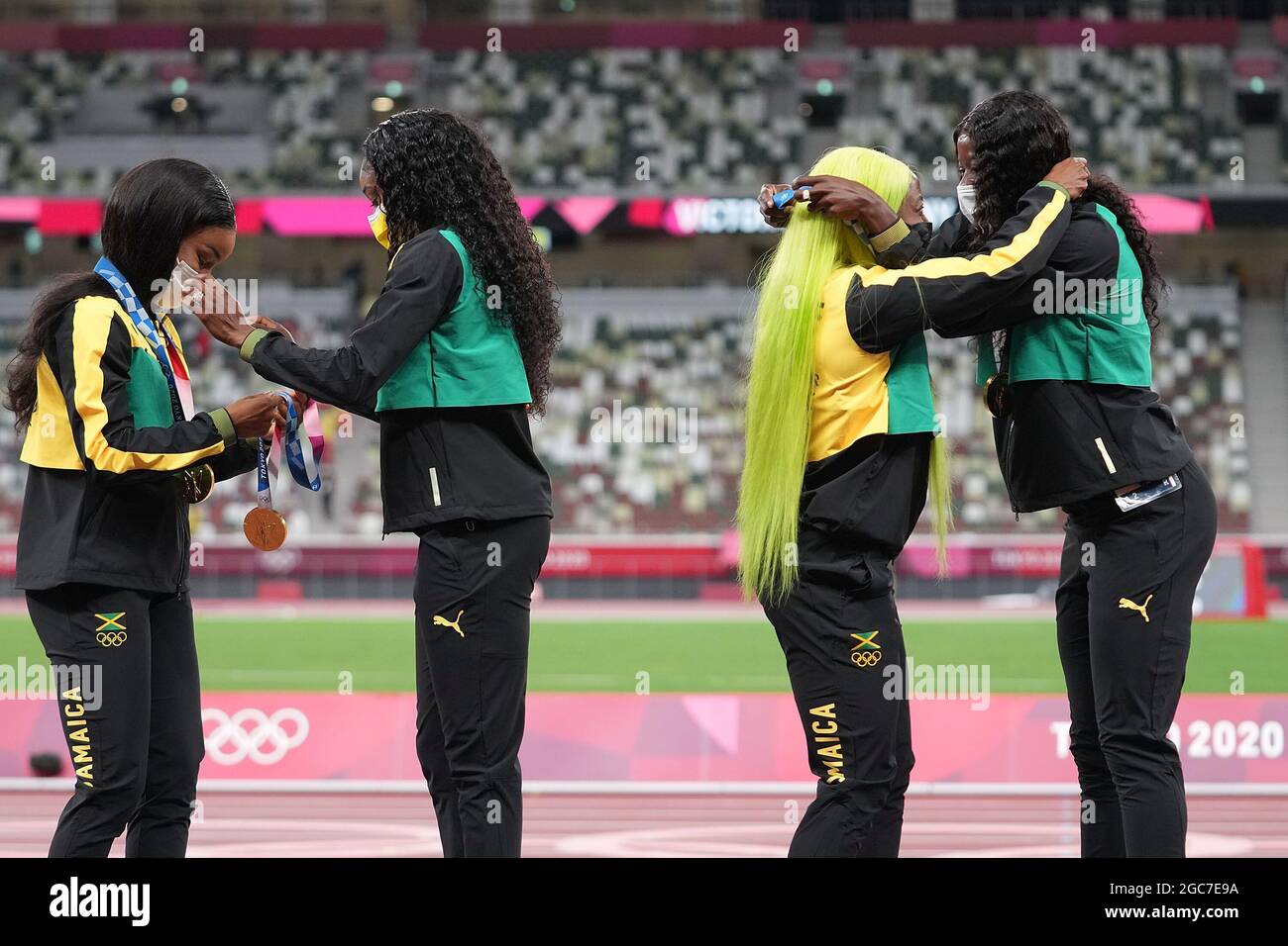 Tokyo, Japan. 7th Aug, 2021. Team members of Jamaica react during the ...