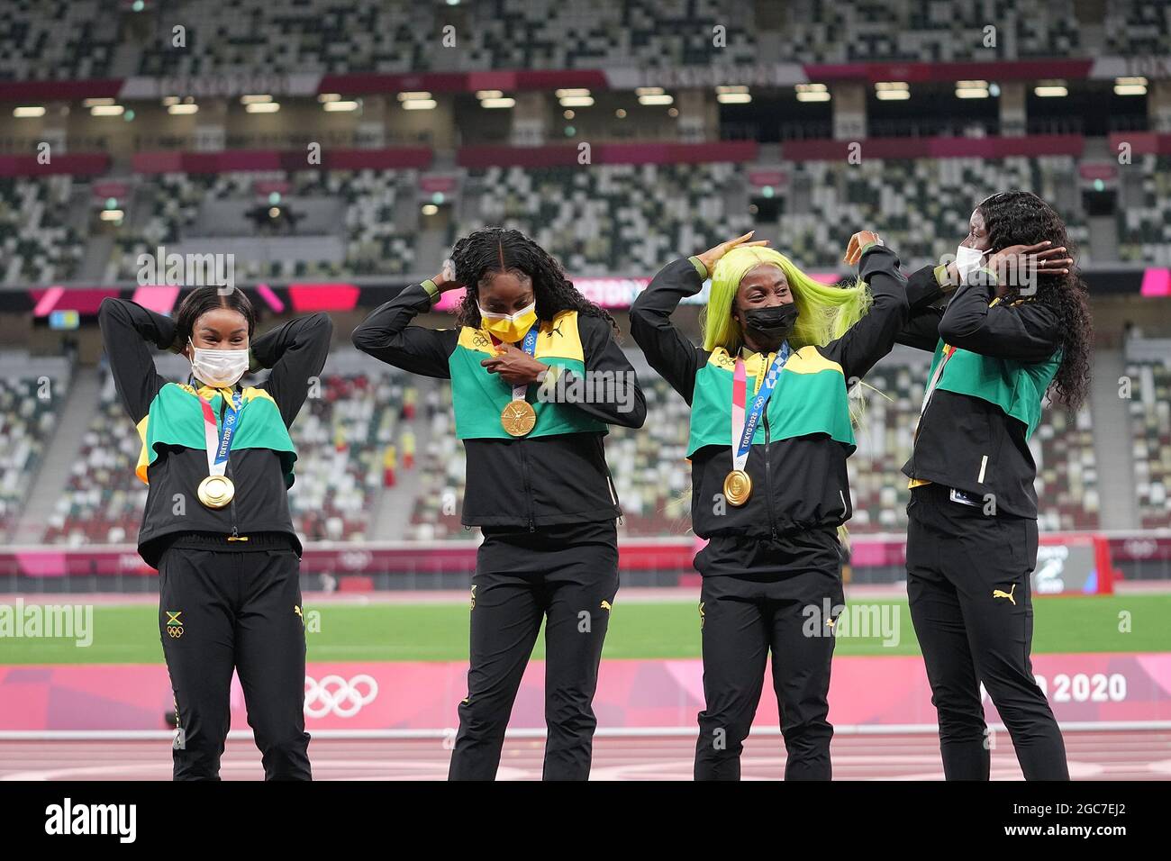Tokyo, Japan. 7th Aug, 2021. Team members of Jamaica react during the ...