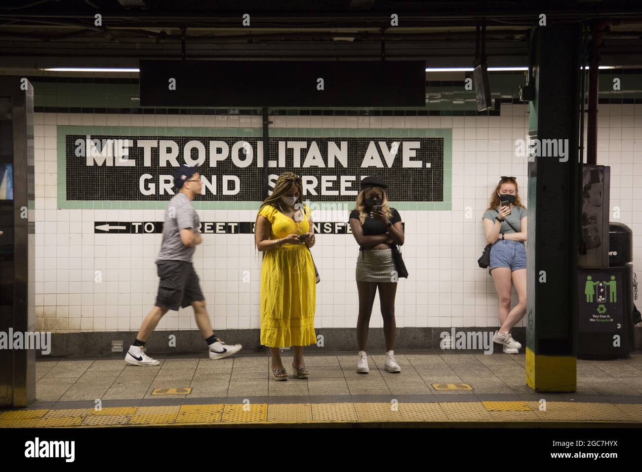 G train subway station at Metropolitan Avenue in the Williamsburg neighborhood of Brooklyn, NY ...