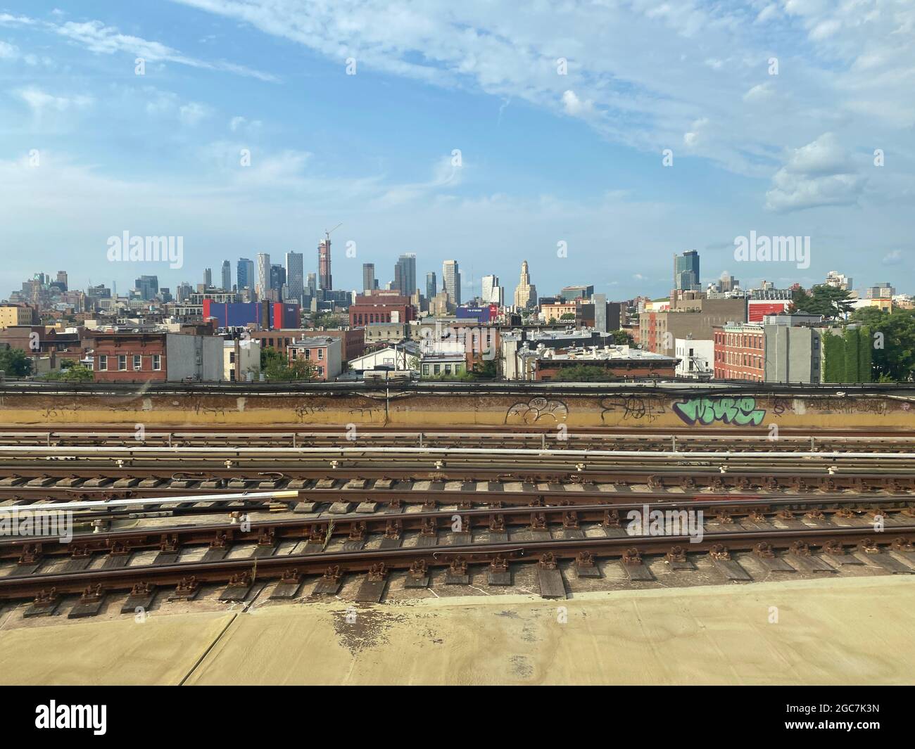 Brooklyn downtown skyline on the horizon seen from the elevated F & G ...