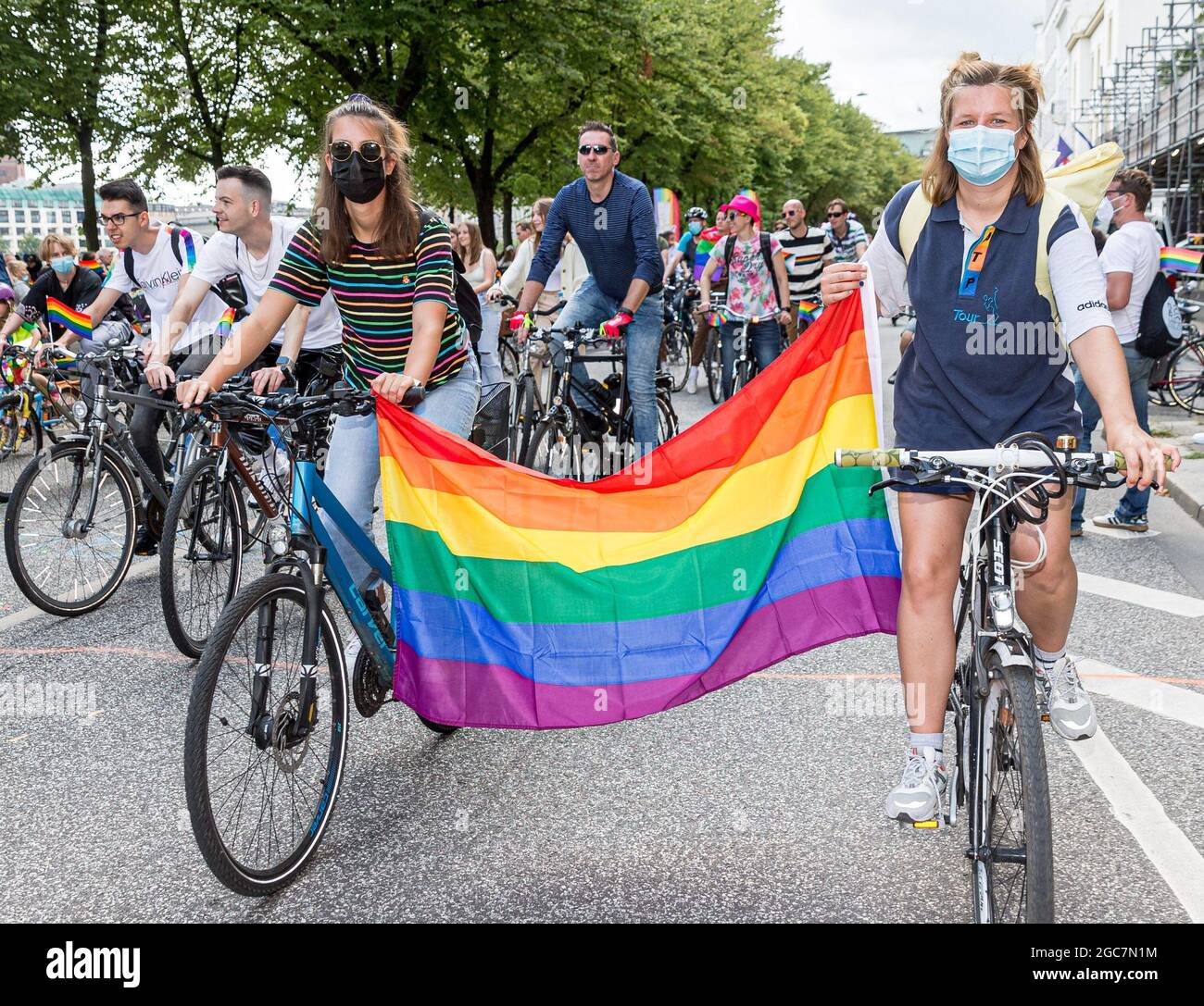 Hamburg, Germany. 07th Aug, 2021. Demonstration participants ride with ...