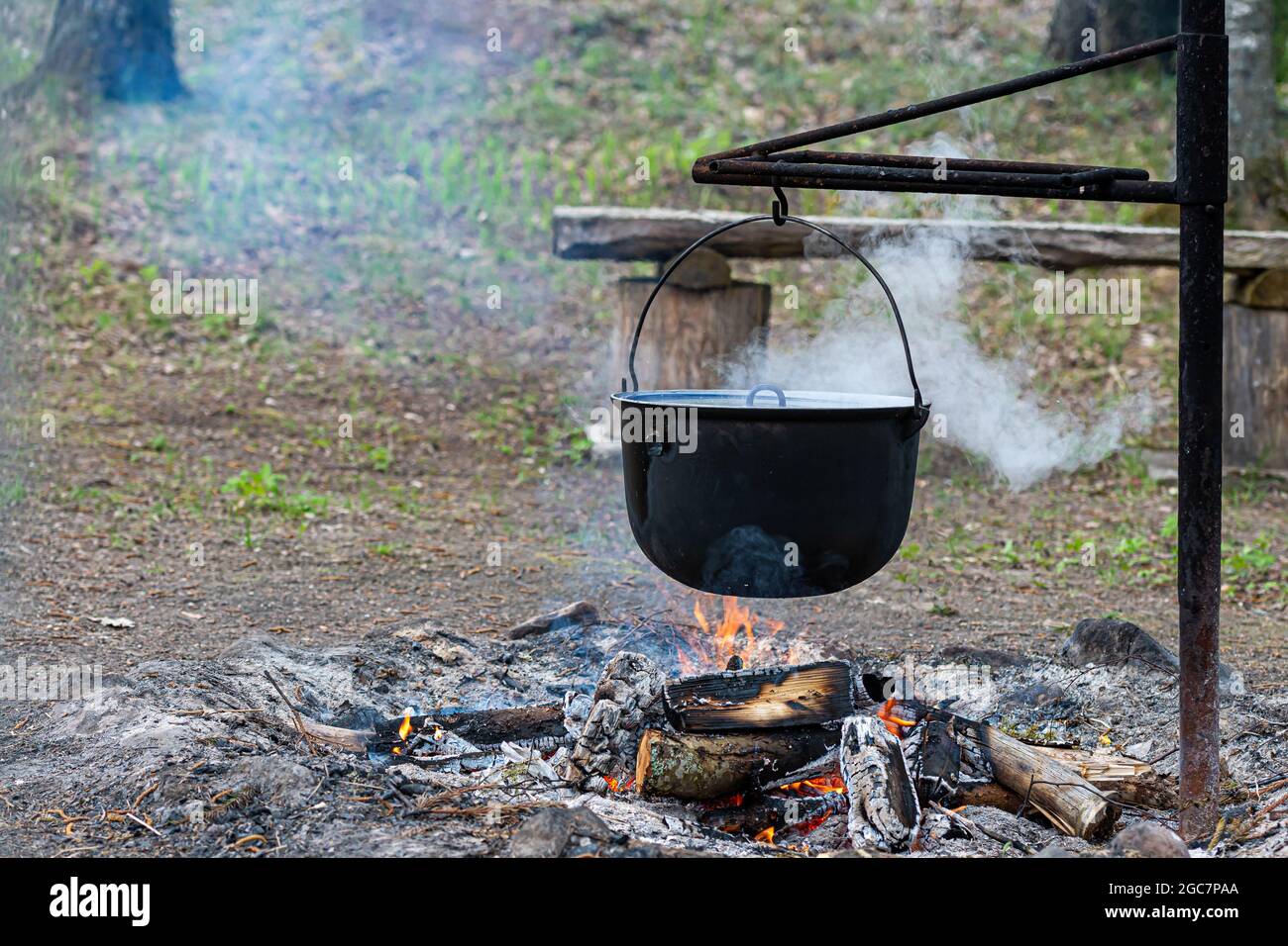 cooking food on a campfire in the woods, food camping concept, place ...