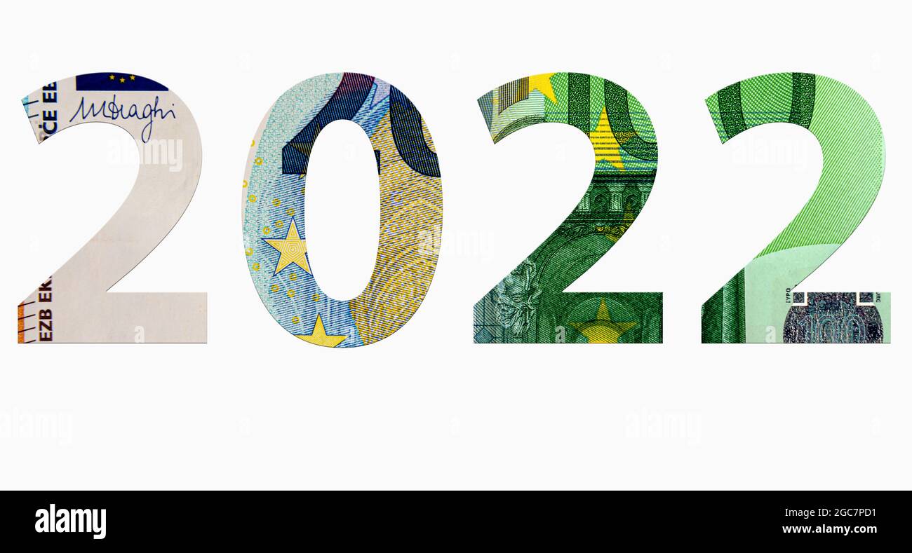 digits 2022 from euro banknotes isolated on white background, money ...