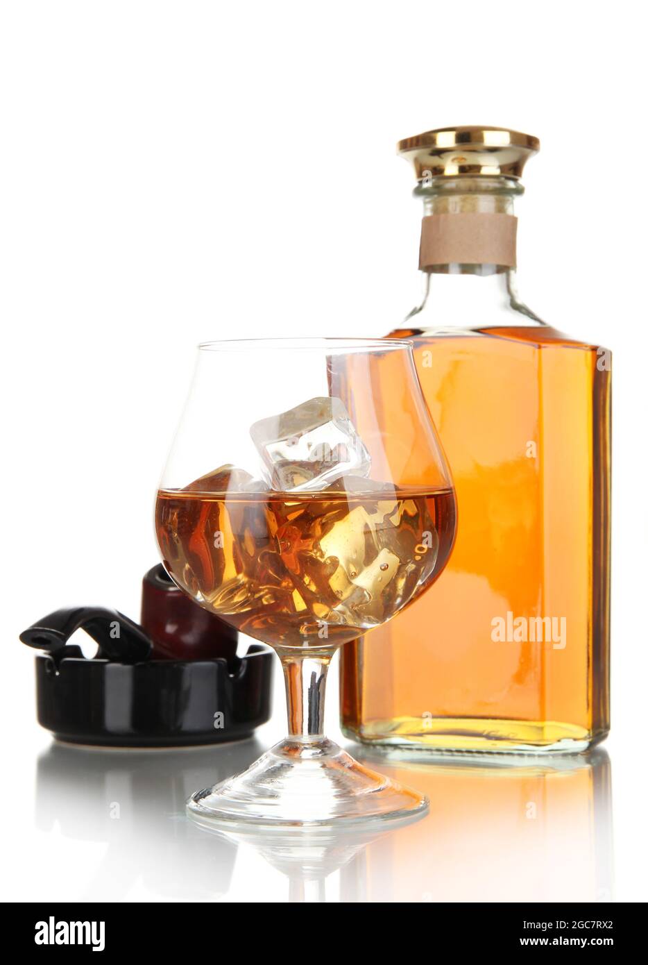 Brandy with ice and cigar isolated on white Stock Photo - Alamy