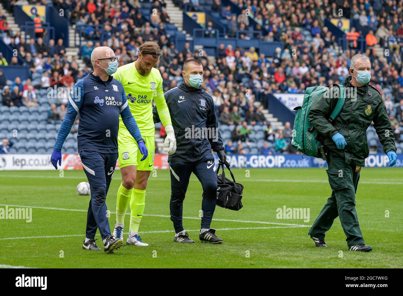 Declan Rudd #1 of Preston North End leaves the pitch after picking an ...