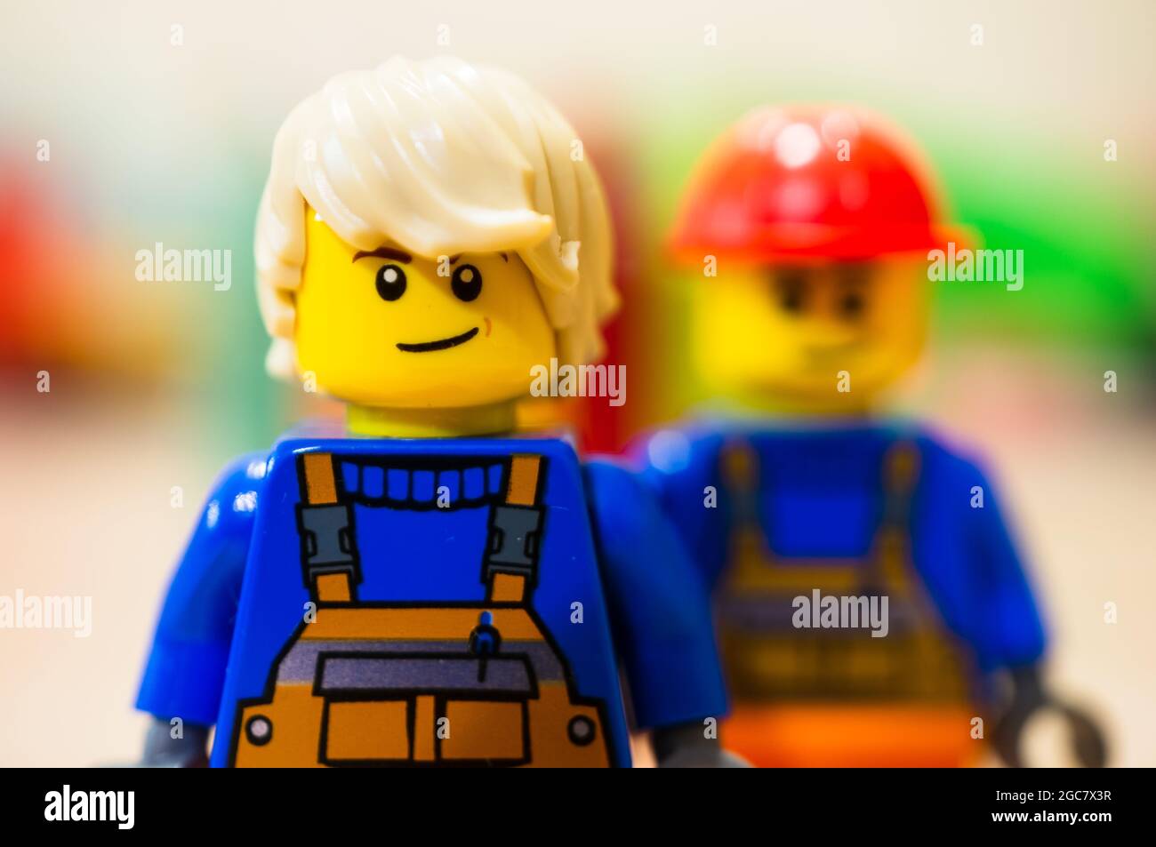 POZNAN, POLAND - Jul 25, 2021: Two Lego construction workers toy ...