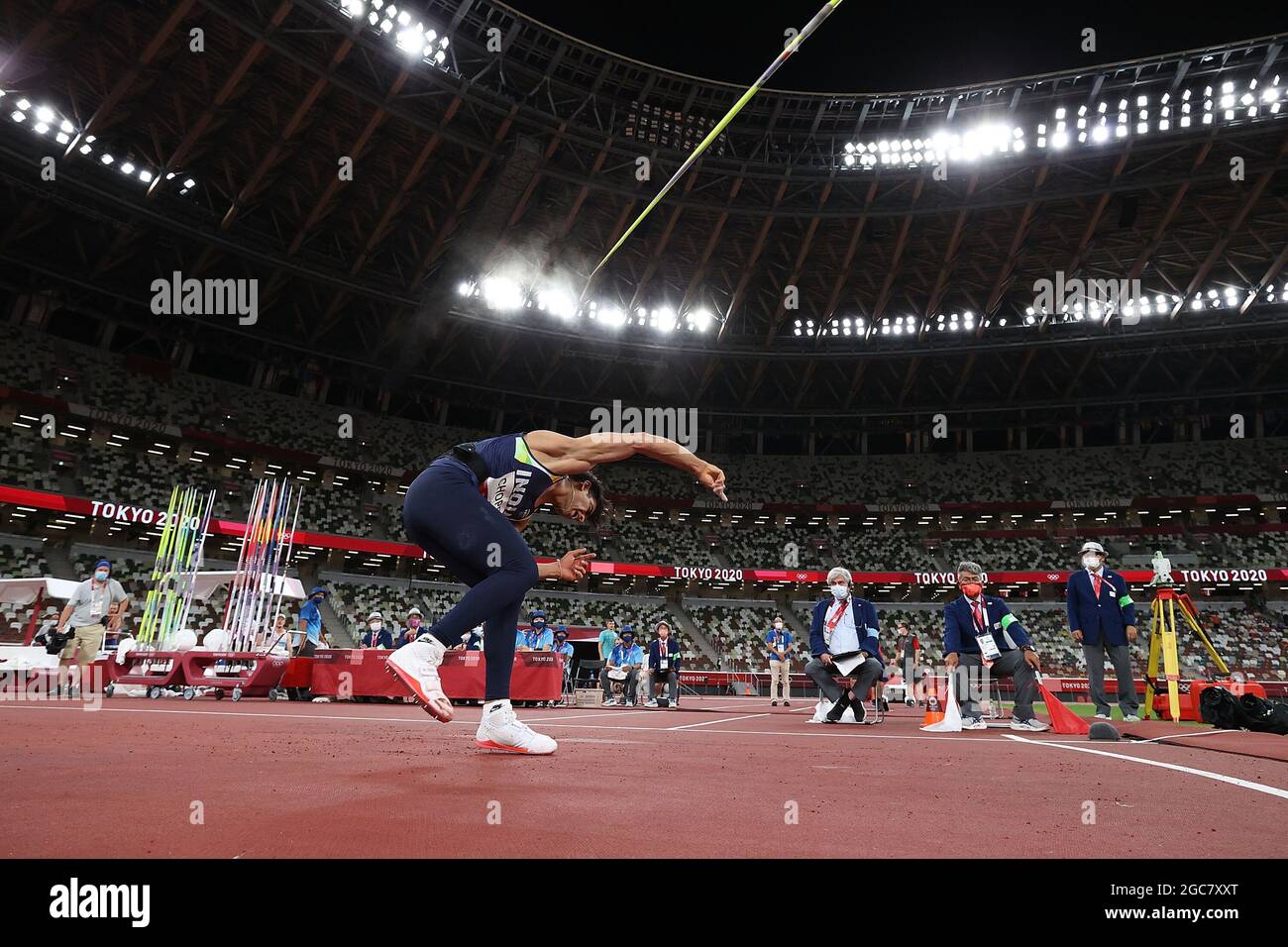 Tokyo, Japan. 7th Aug, 2021. Neeraj Chopra of India competes during the ...