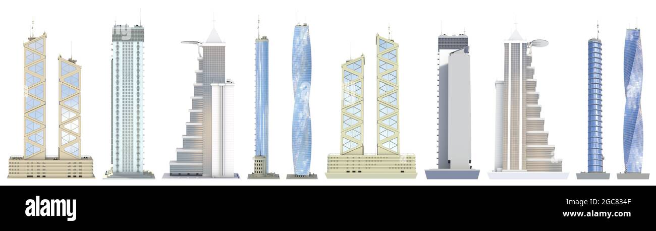 Set of detailed urban skyscrapers with fictional design and cloudy sky ...