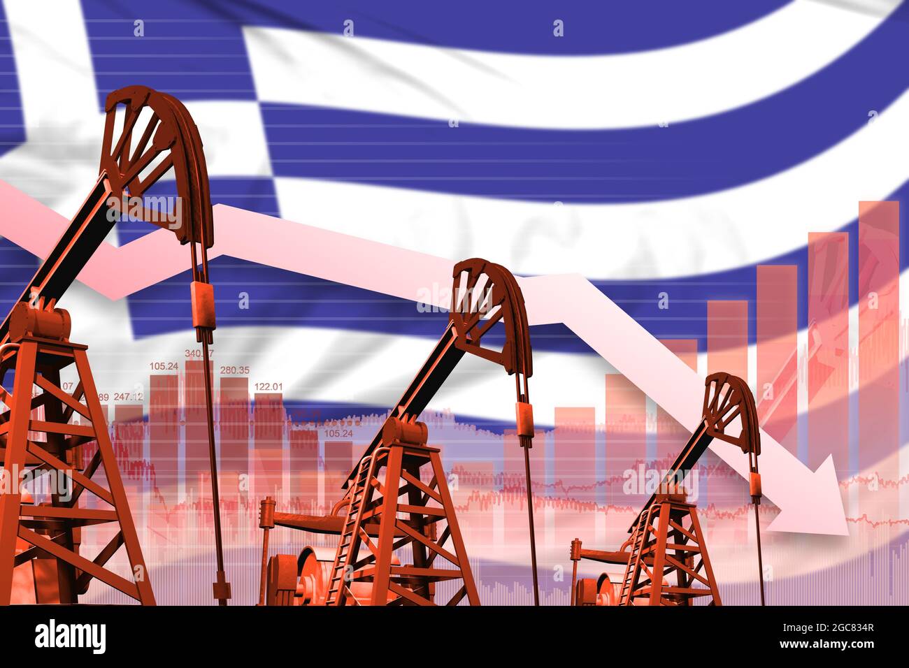 Greece oil industry concept, industrial illustration - lowering down ...