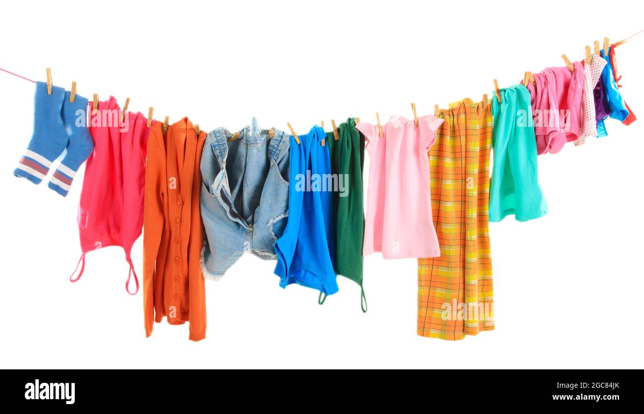 Laundry line with clothes isolated on white Stock Photo - Alamy