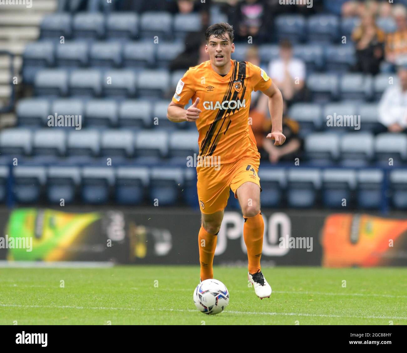 Preston, UK. 07th Aug, 2021. Jacob Greaves #4 of Hull City runs forward ...