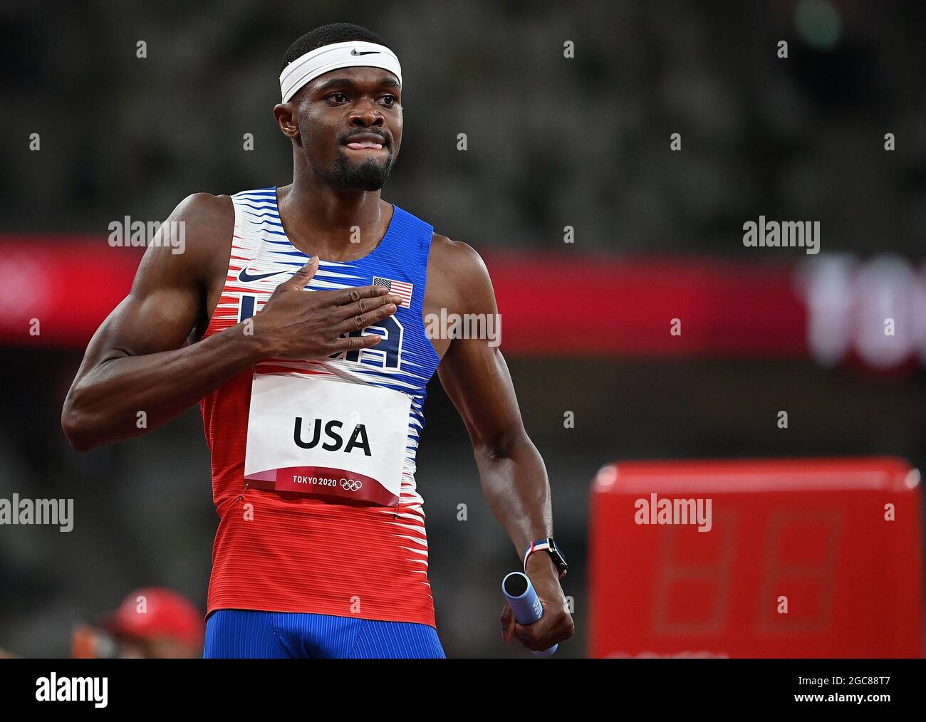 Tokyo, Japan. 7th Aug, 2021. Rai Benjamin of the United States reacts ...