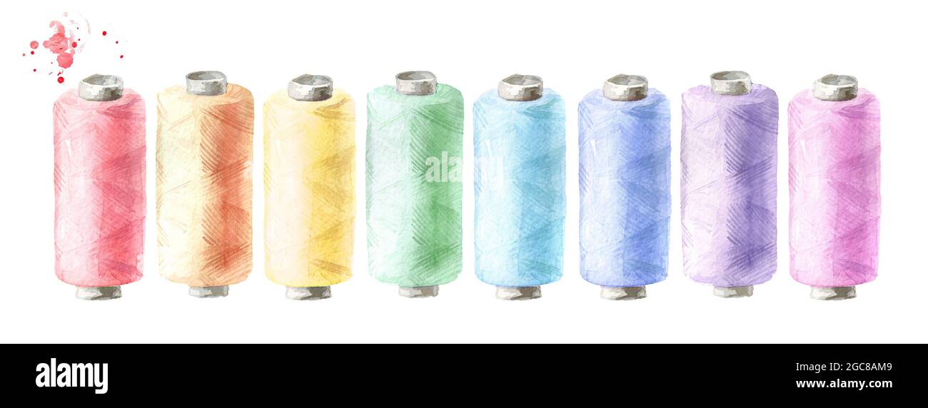 Set of sewing threads in different colors. Watercolor hand drawn ...