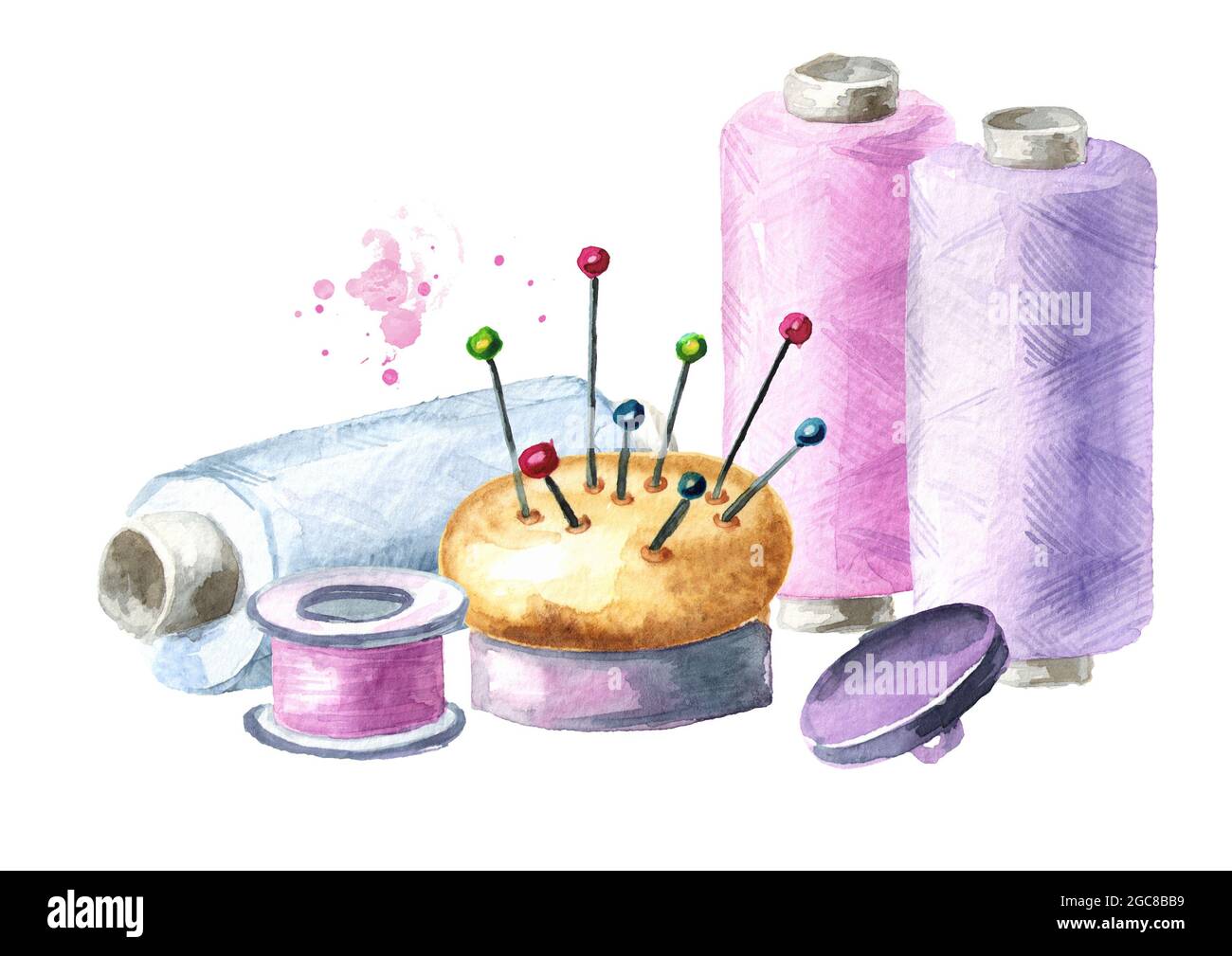 Sewing supplies, spool of thread, pins and button.. Watercolor hand ...