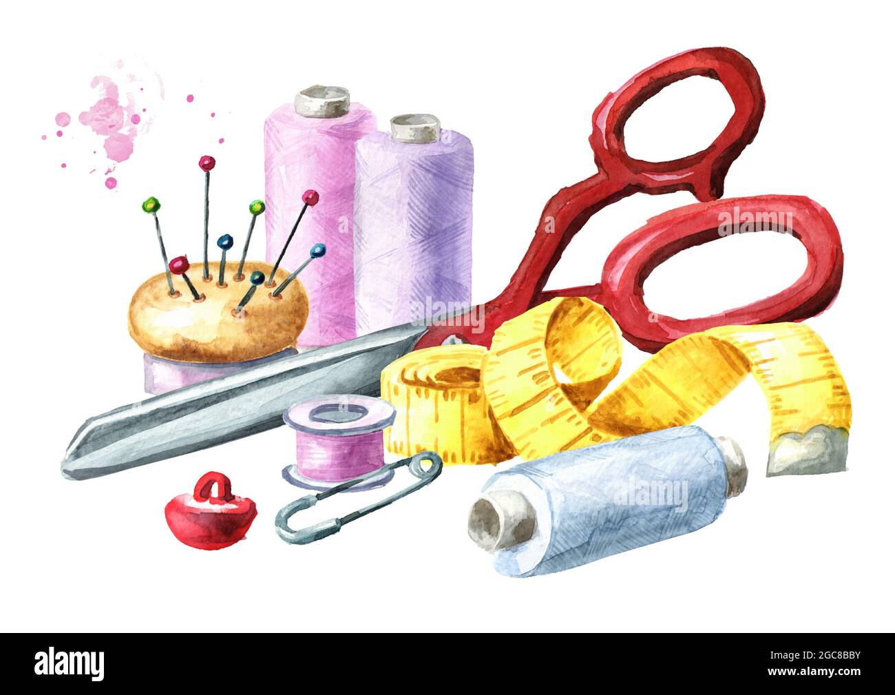 Sewing supplies, spool of thread, pins, scissors, measuring tape and ...