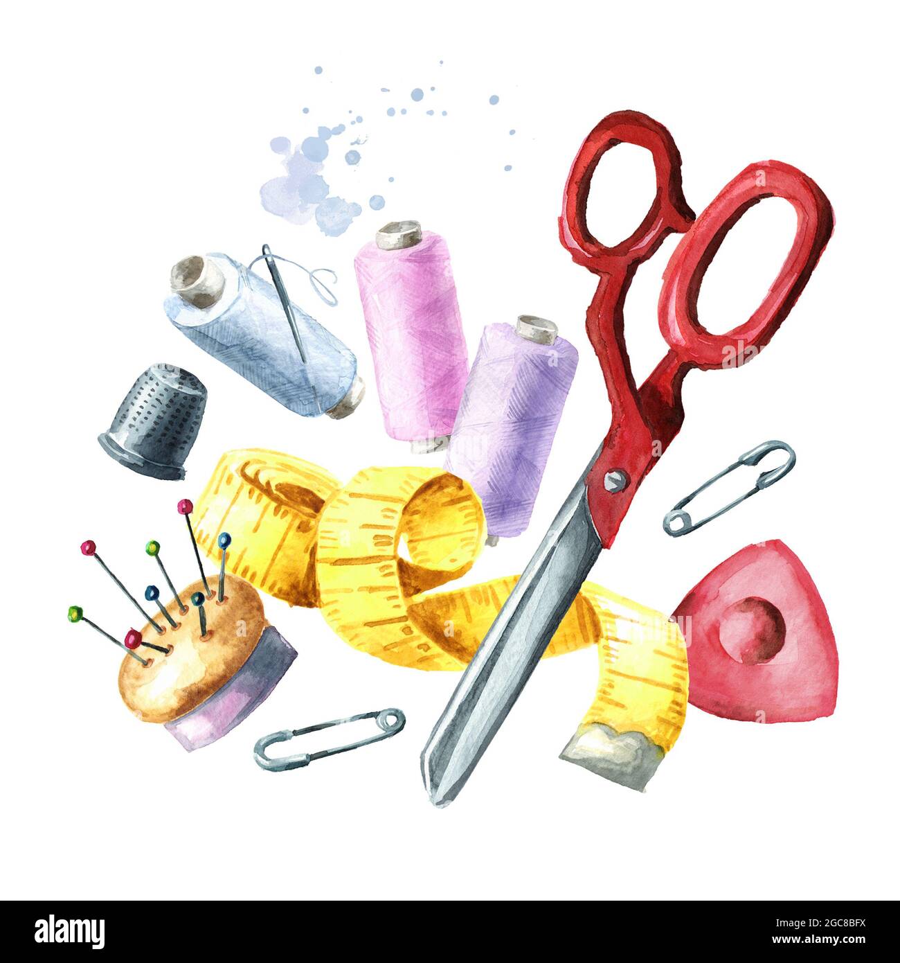 Sewing supplies, spool of thread, scissors, measuring tape. Watercolor ...