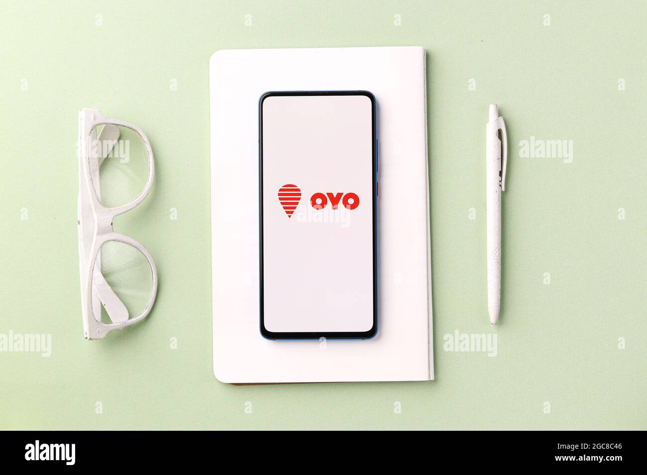 Assam, India - August 6, 2021 : Oyo logo on phone screen stock image ...