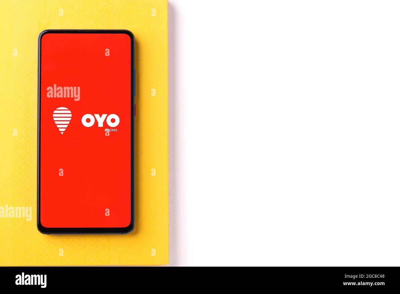 Assam, India - August 6, 2021 : Oyo logo on phone screen stock image ...