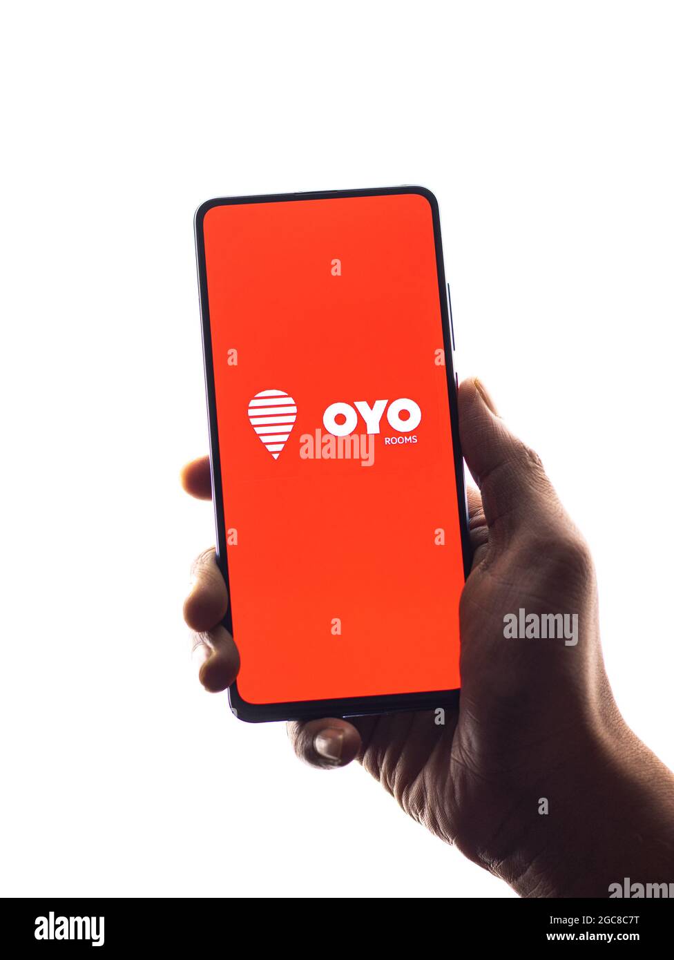 Assam, India - August 6, 2021 : Oyo logo on phone screen stock image ...