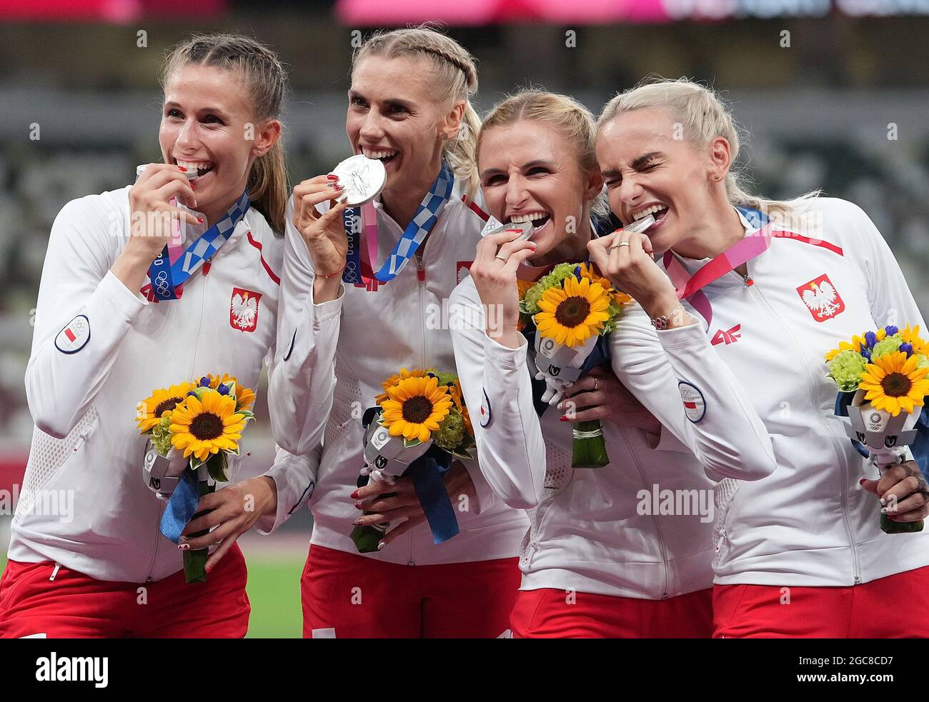 Tokyo, Japan. 7th Aug, 2021. Silver medalists Team Poland react on the ...