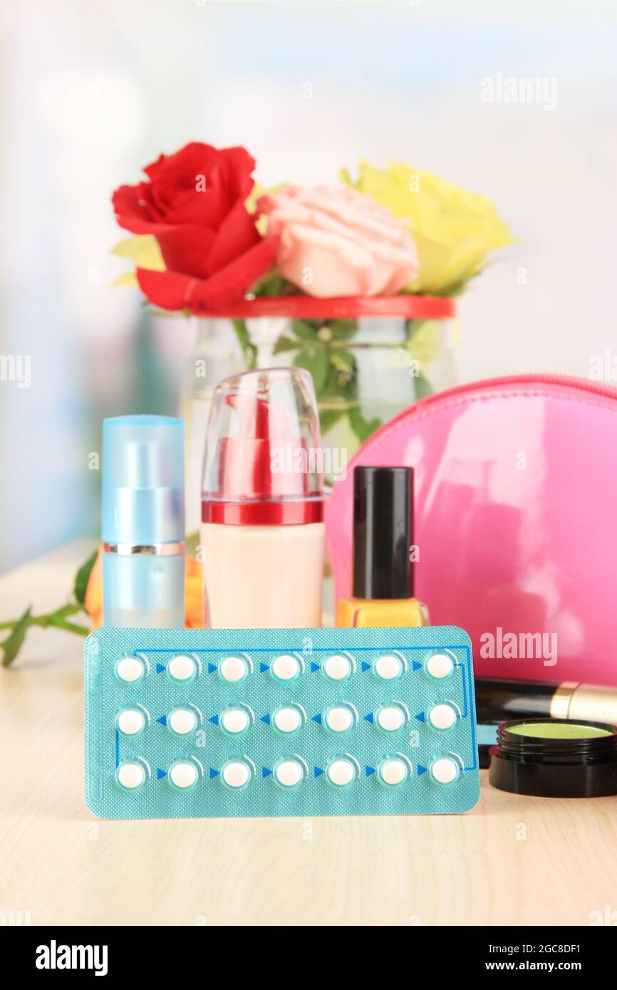 Hormonal pills in women's bedside table on room background Stock Photo ...