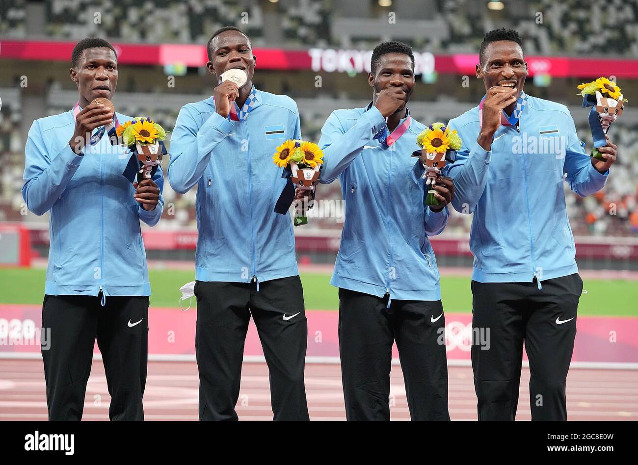Tokyo, Japan. 7th Aug, 2021. Team members of Botswana react during the ...