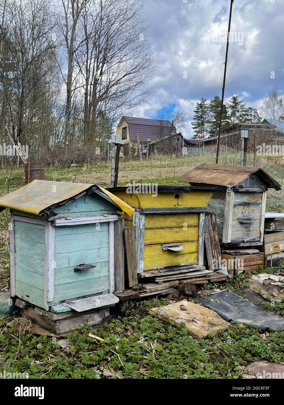 Beehives. Old beehives with honey bees in countryside Stock Photo - Alamy