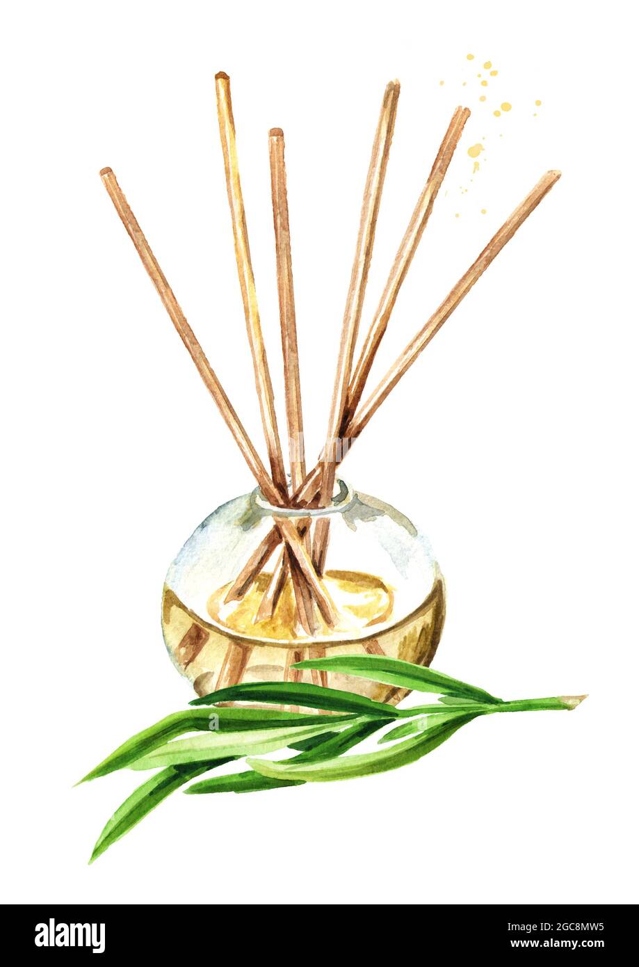 Tarragon liquid in a glass bottle with sticks and sprig. Freshener ...