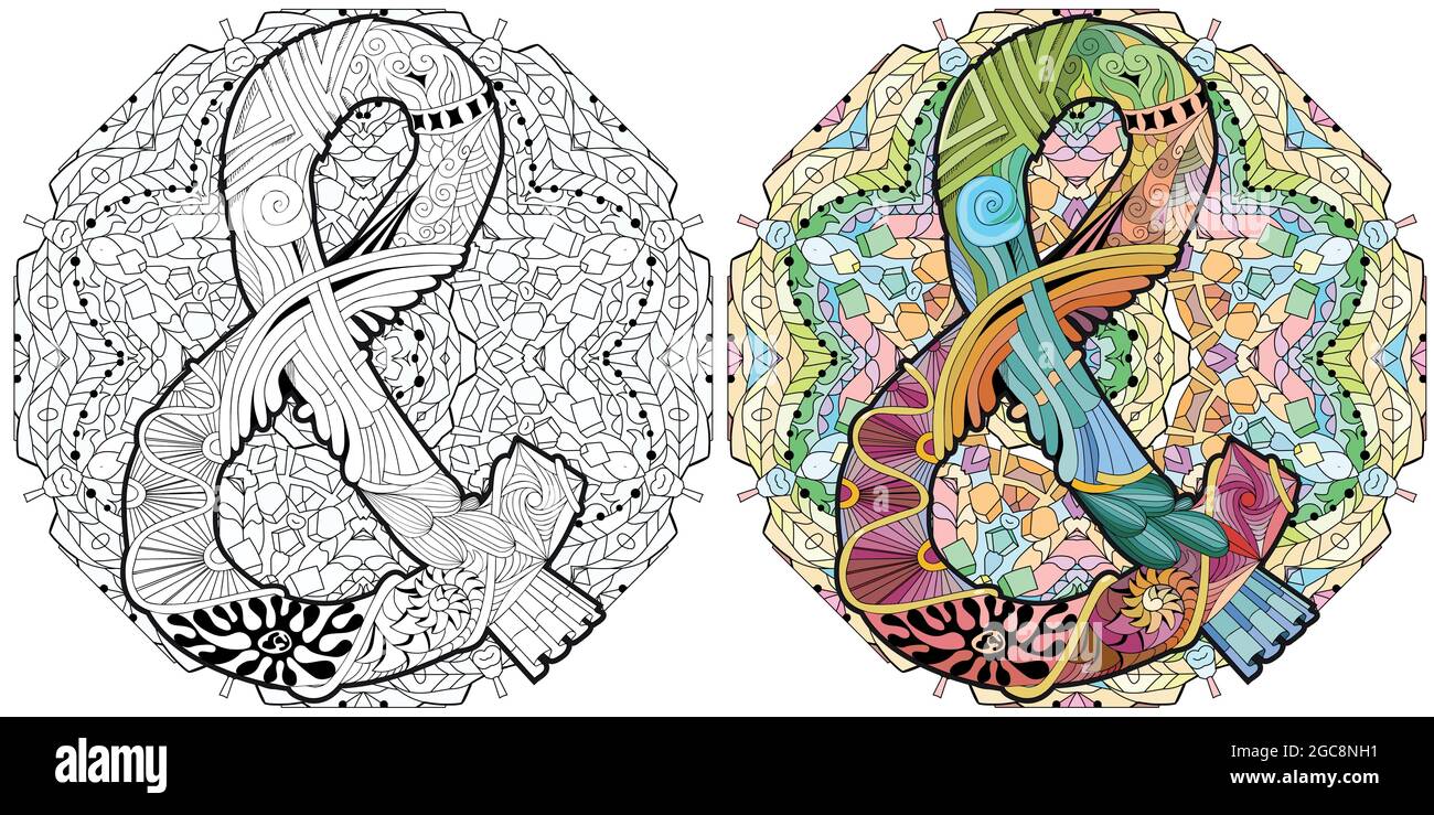 Hand drawn zentangle ampersand on mandala for coloring. Vector ...