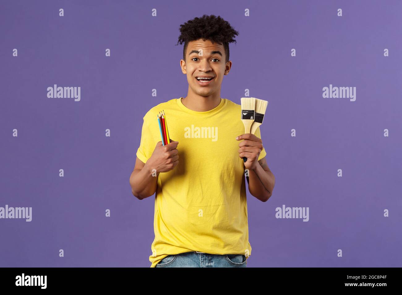 Portrait of upbeat young creative man, artist starting art courses ...