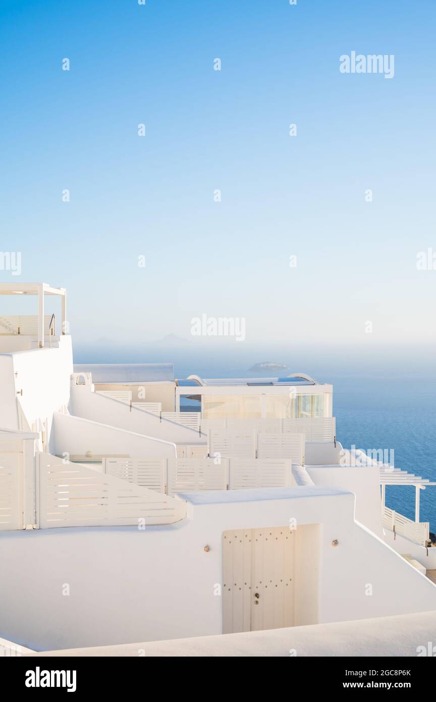 View of caldera and white architecture of Imerovigli on Santorini ...