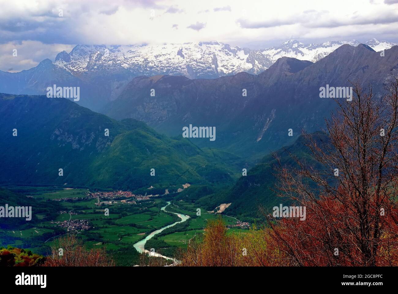 The river Saca (It. Isonzo), the village of Kobarid and the impressive ...