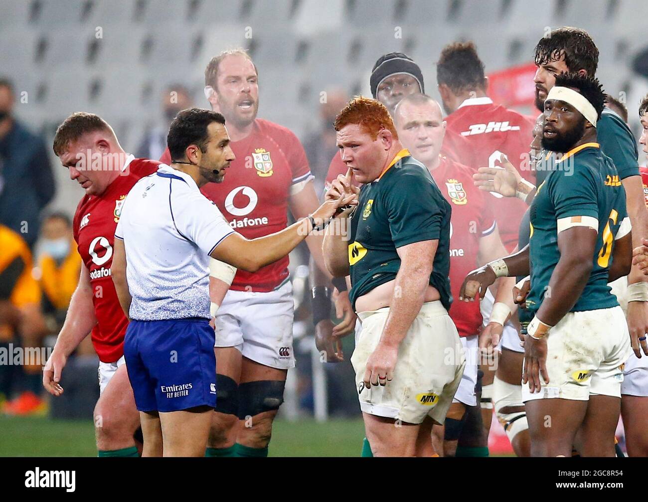 Referee Mathieu Raynal addresses South Africa's Steven Kitshoff during ...