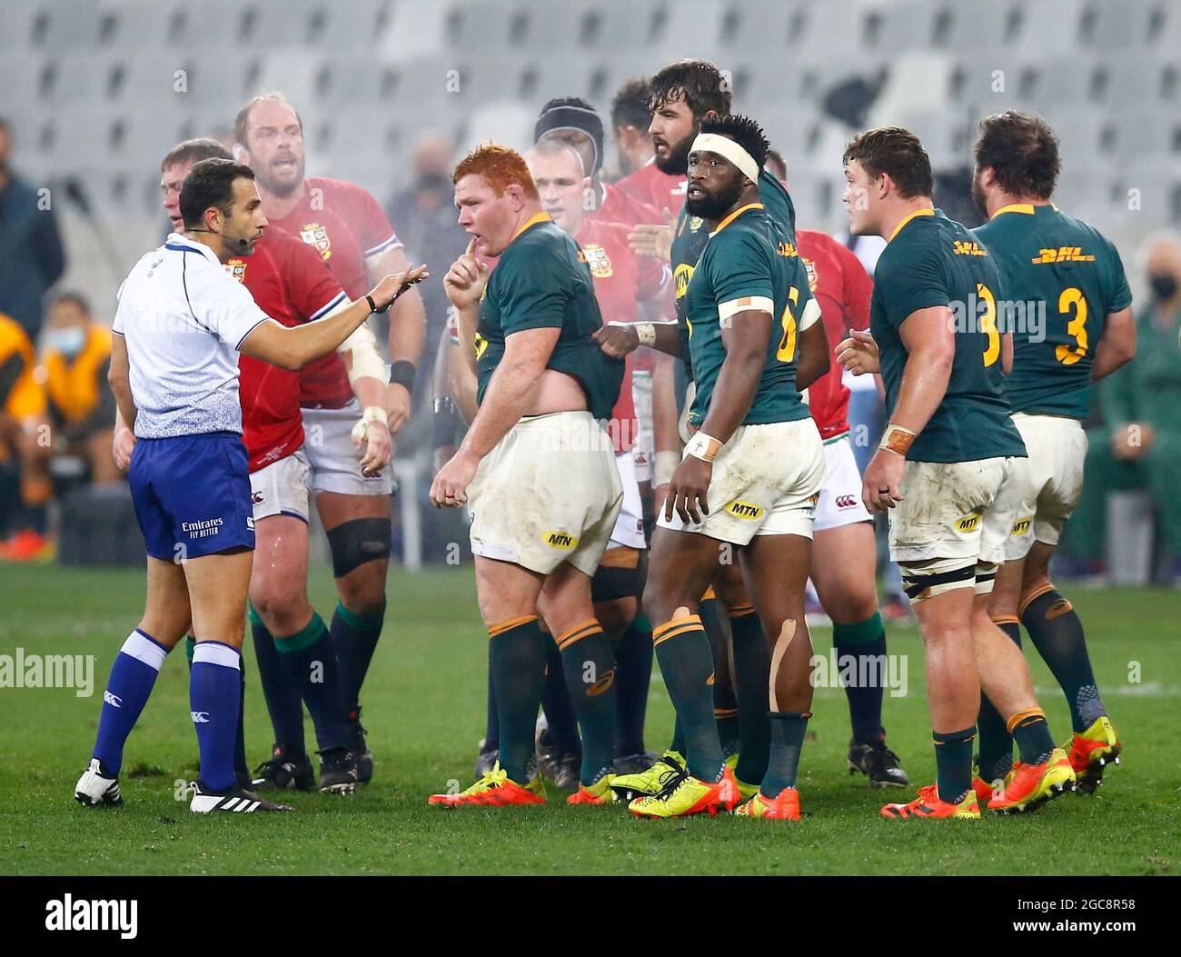 Referee Mathieu Raynal addresses South Africa's Steven Kitshoff during ...