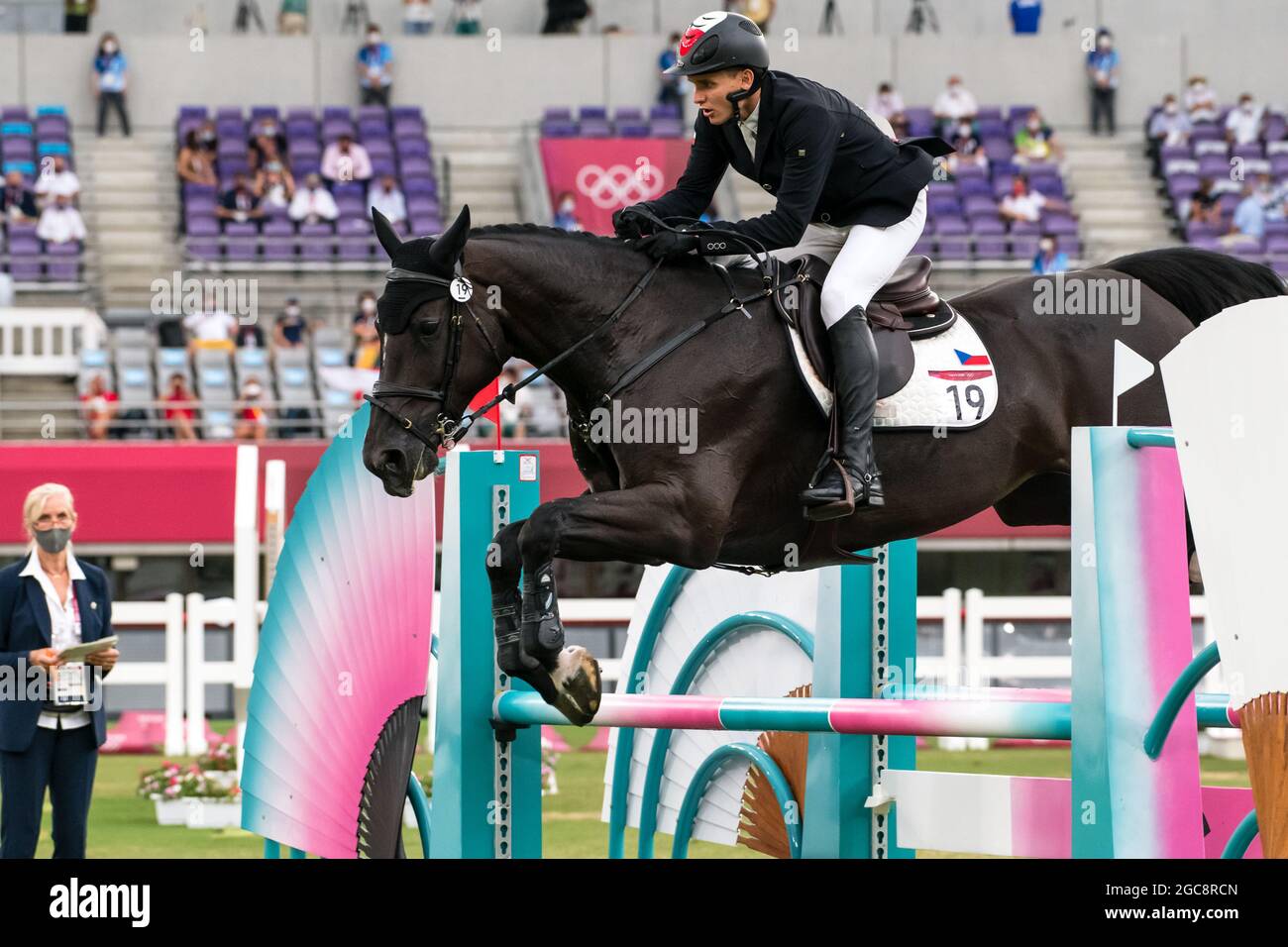Czech athlete Martin Vlach competes in equestrian portion of men's ...