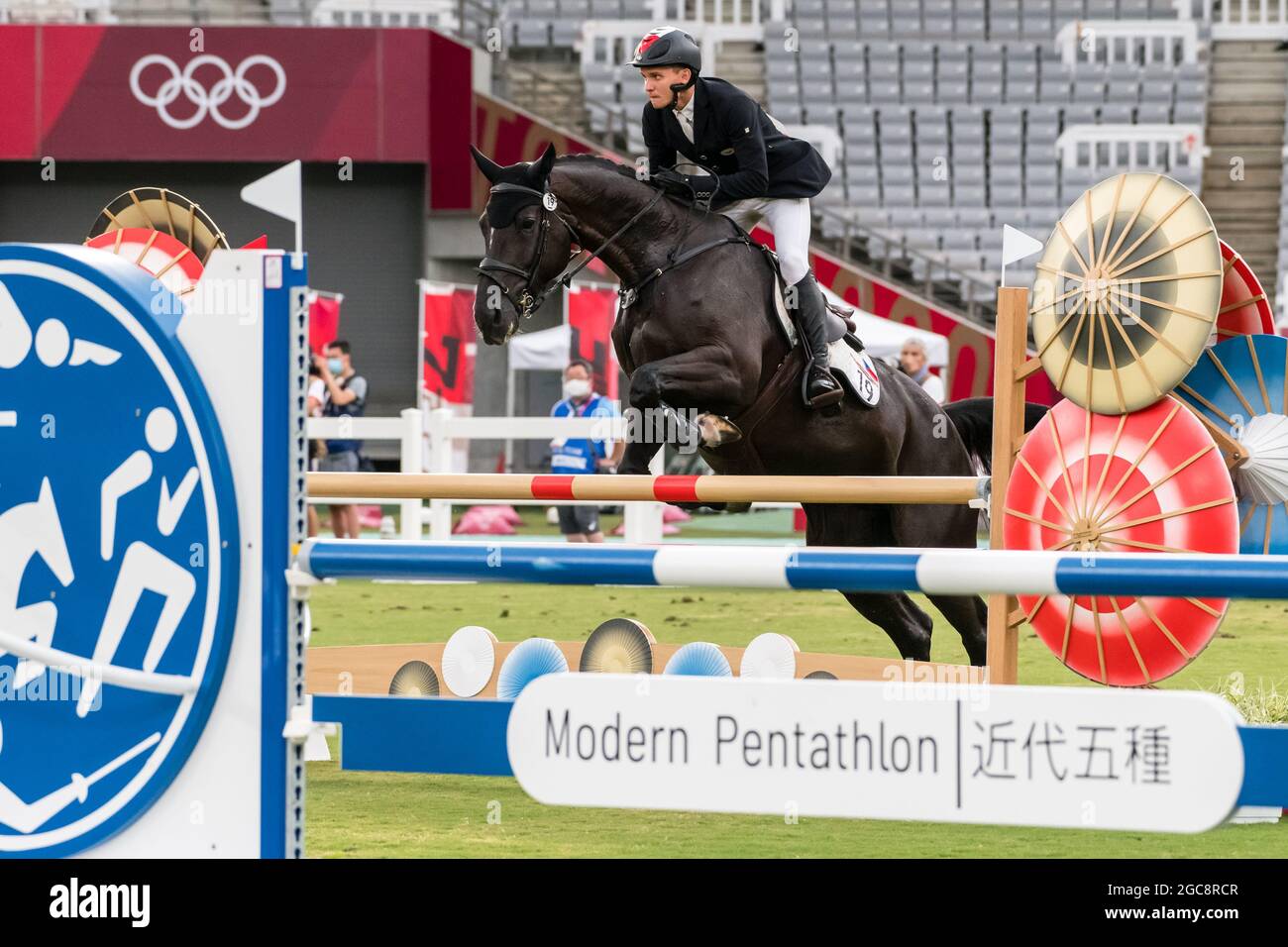 Czech athlete Martin Vlach competes in equestrian portion of men's ...