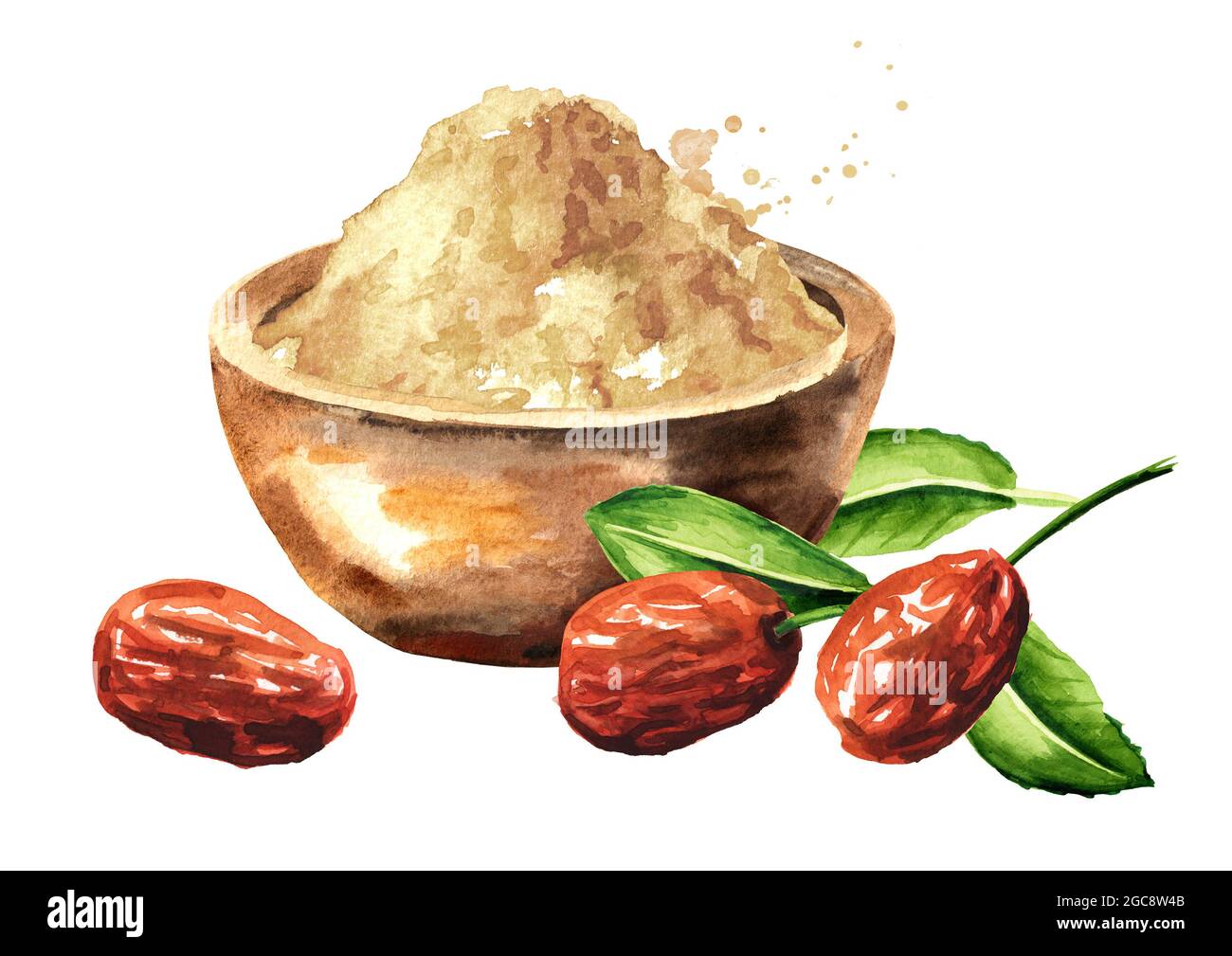 Dried unabi fruit, ziziphus or jujube and bowl with jujube powder. Hand ...