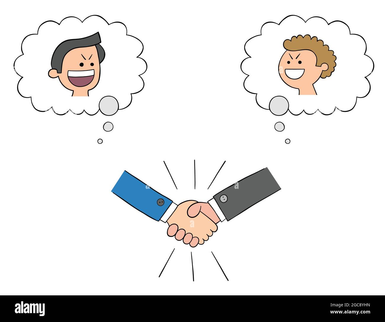 Cartoon two businessmen shake hands and get along, but both are sneaky ...